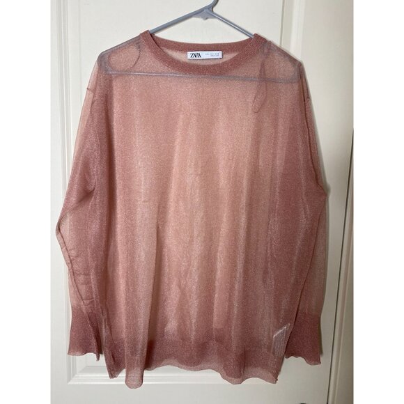 Zara | Tops | Zara Metallic Rose Pink Sheer Top Womens L Shimmer Blouse ...